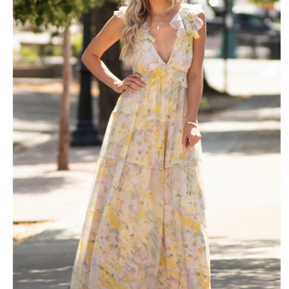 Dresses | Pastel Yellow Floral Open Back Maxi Dress | Poshmark